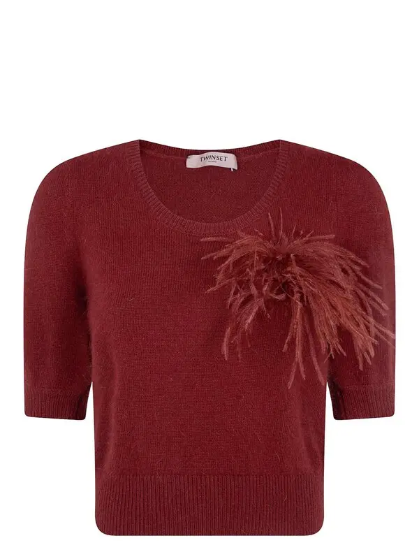 TWINSET Feather-trimmed Knit Top - Red