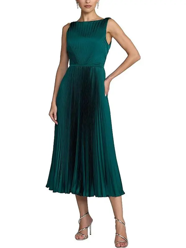 Mac Duggal Sleeveless High Neck Pleated Midi Dress - Ocean Blue