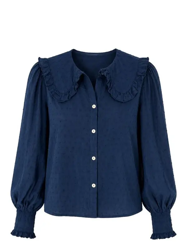 MIND TRAVELER Diana Navy Blouse With Peter Pan Collar And Ruffle Detail - Blue