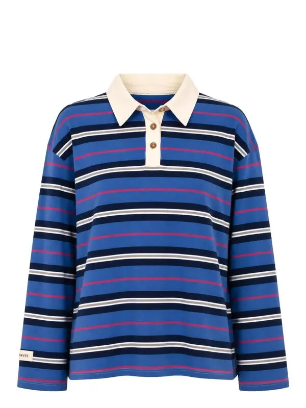 MIND TRAVELER Long Sleeve Striped Polo Shirt - Blue