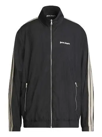 Palm Angels Polyamide Zip-up Windbreaker With Appliqués And Side Seam Stripes - Black