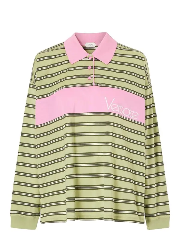 Versace Logo Embroidered Striped Cotton-jersey Polo Shirt - Brown