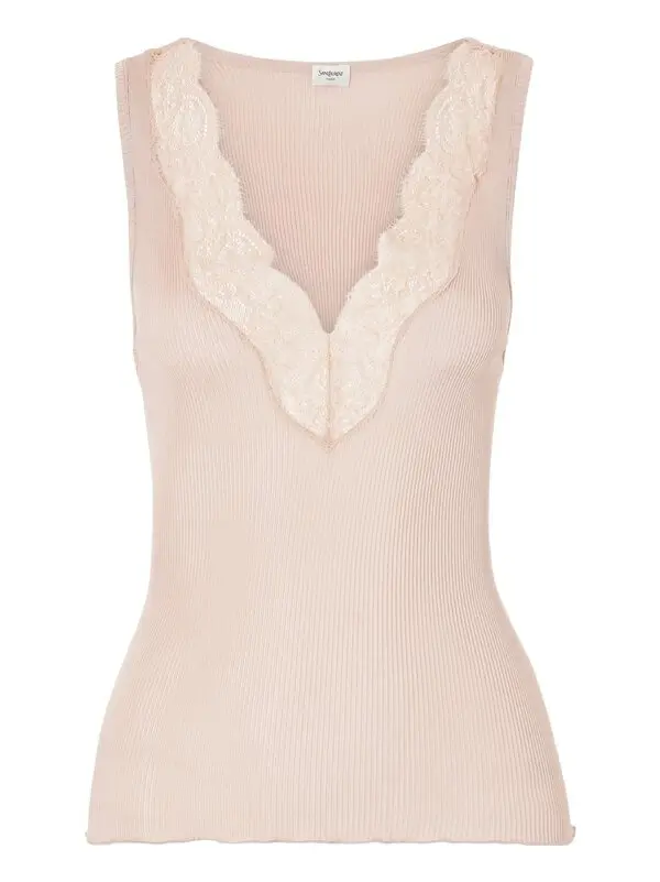Saint Laurent Lace-trimmed Ribbed Silk-jersey Tank - Neutrals