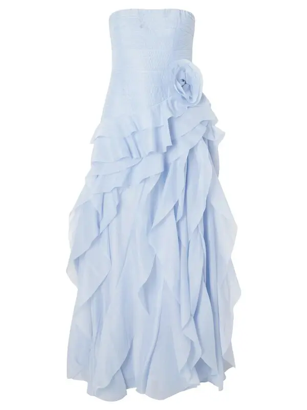 Aje Canyon Strapless Appliquéd Ruffled Pleated Chiffon Gown - Blue