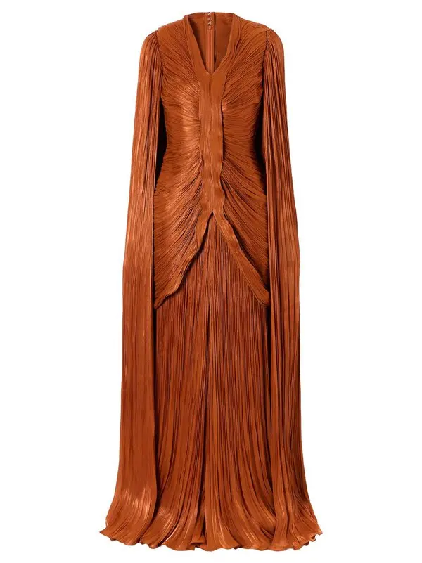 MARMAR HALIM Pleated Ruched Satin Gown With Cape Effect Sleeves - Brown
