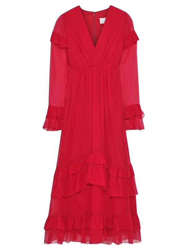MIKAEL AGHAL Ruffled Silk Chiffon Midi Dress - Red
