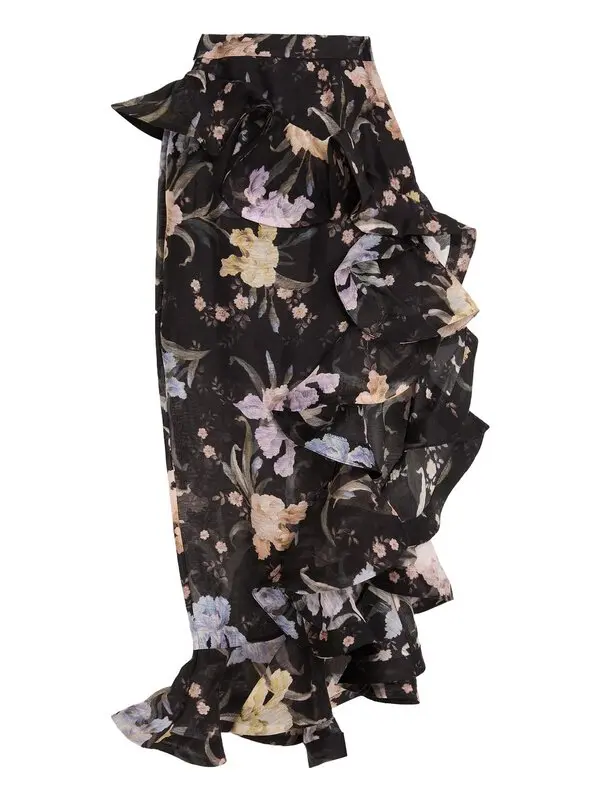 Zimmermann Ruffled Floral-print Linen And Silk Blend Gauze Midi Skirt - Black