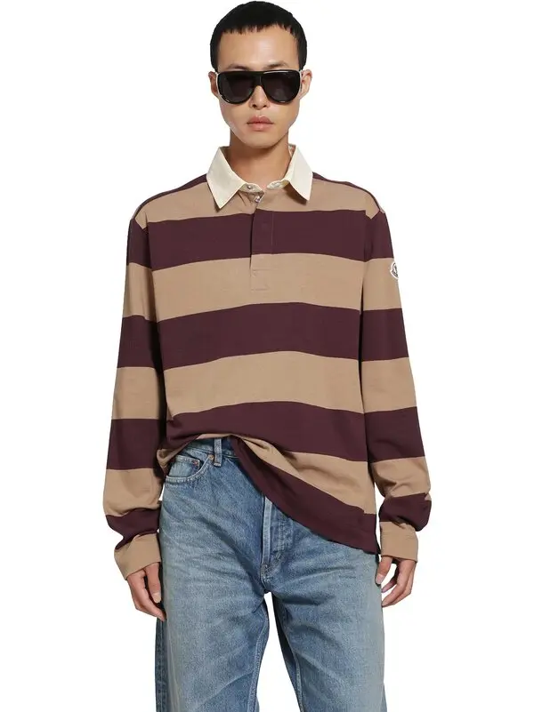 Moncler Striped Cotton Long Sleeve Polo Shirt - Beige