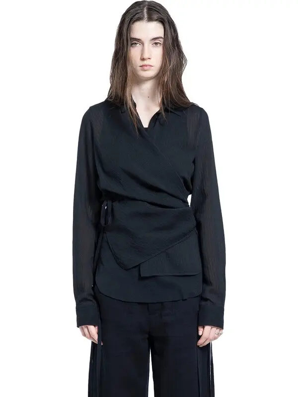 ANN DEMEULEMEESTER Asymmetric Dobby Stripe Wrap Shirt - Black