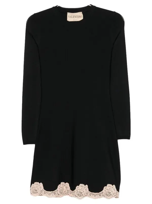 Valentino Garavani Black Round Neck Long Sleeve Dress With Floral Lace Trim - Multicolor