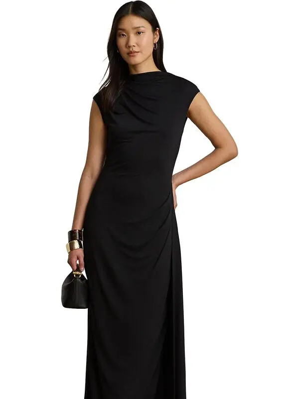 Ralph Lauren Pleated Jersey Boatneck Midi Dress - Black