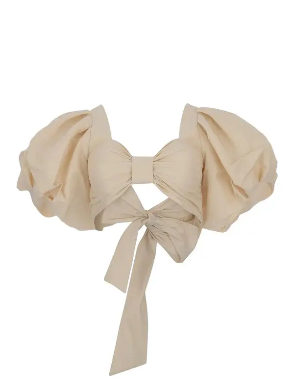 ACTUALEE Cropped Shantung Effect Fabric Top With Puff Sleeves And Draped Front - Beige