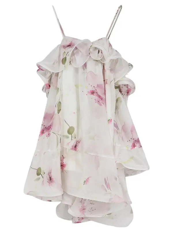 ACTUALEE Multicolor Floral Print Ruffled Satin Mini Dress - White