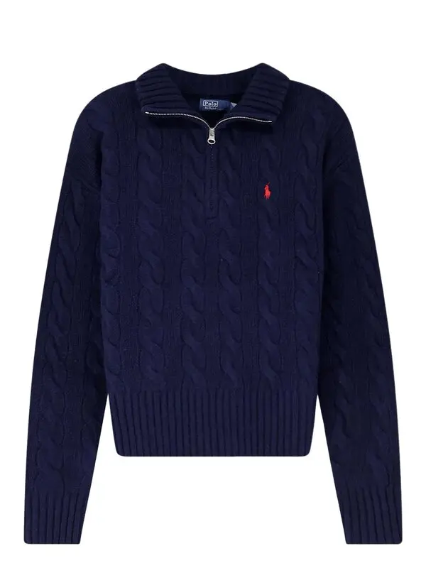 Polo Ralph Lauren Cable Knit Wool & Cashmere Blend Quarter-zip Sweater With Embroidered Logo - Blue