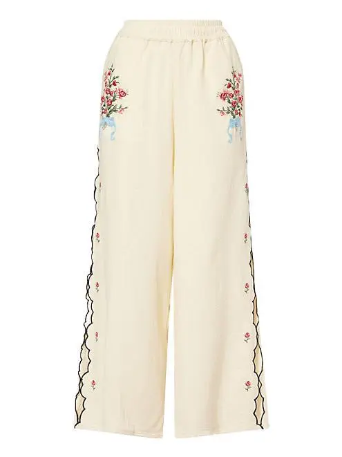Agua Bendita Floral Embroidered Wide Leg Cotton Trousers - Multicolor