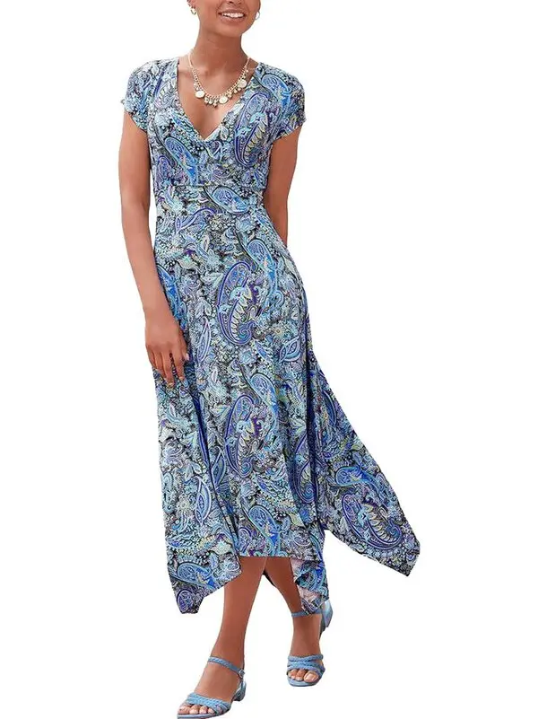 LASCANA Handkerchief Hem V-neck Jersey Knit Dress - Blue Multi