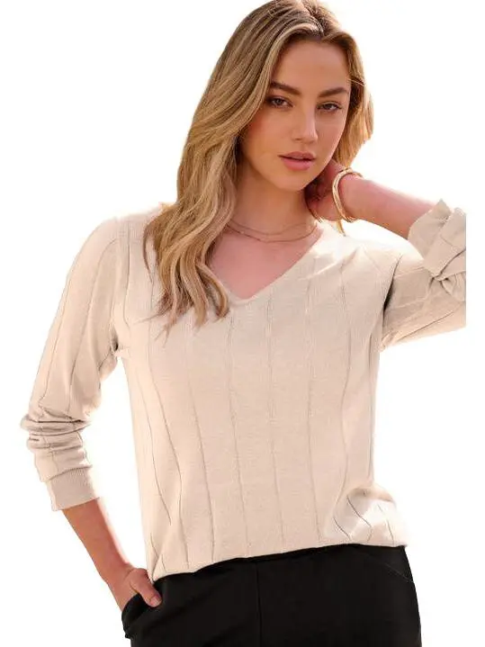 Roaman's Drop Needle V-neck Lightweight Sweater Knit - Ivory