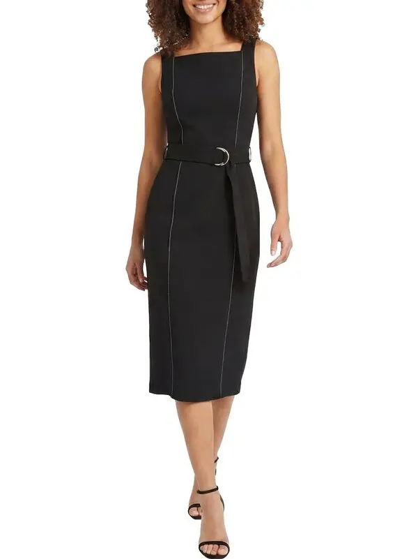Maggy London Belted Midi Dress With V-neck - Black
