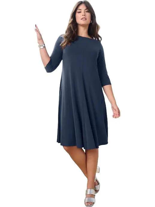 ROAMAN'S 3/4 Sleeve Boatneck Printed Swing Dress - Navy