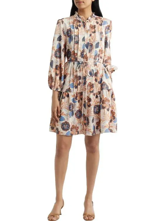 Julia Jordan Floral Print Ruffled Neck Shirtdress - Sand Multi