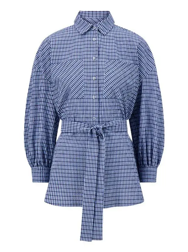 Lela Rose Checked Seersucker Button-down Shirt With Gigot Sleeves And Belt - Navy Multi