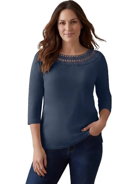 JESSICA LONDON Crochet Trim Boatneck Tunic - Navy