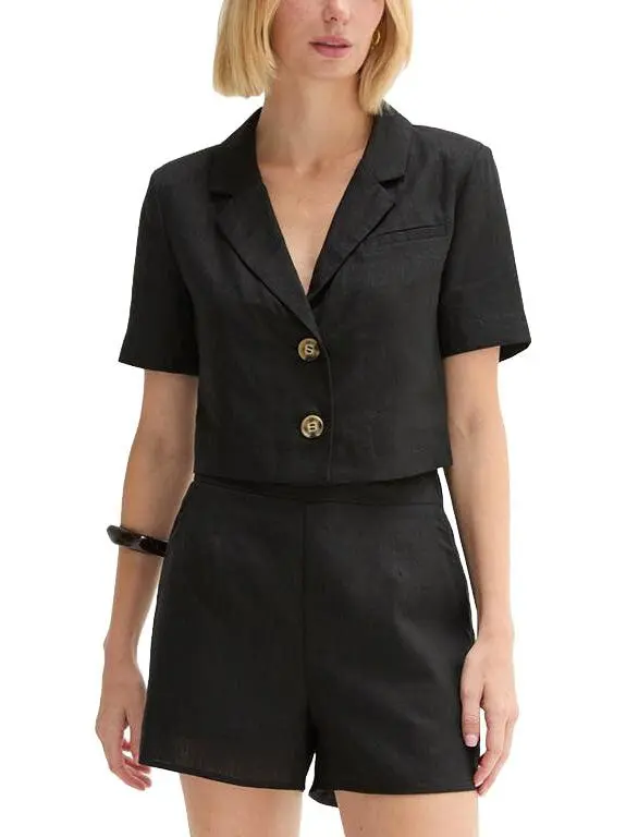 CRESCENT Cropped Linen Blend Blazer - Black