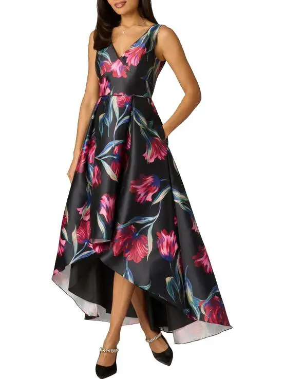 Adrianna Papell Floral Print Mikado High-low Gown - Black Multi