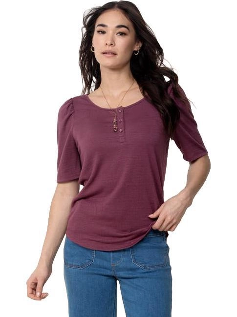 SINGLE STITCH Ultra Soft Scoop Neck Henley With Puff Sleeves - Plum