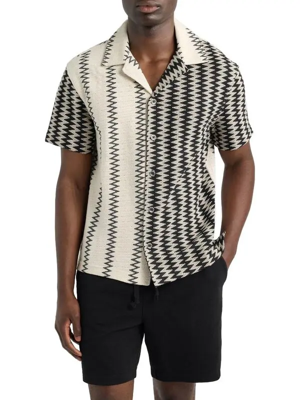 REISS Dain Chevron Stripe Knit Camp Shirt - White/black