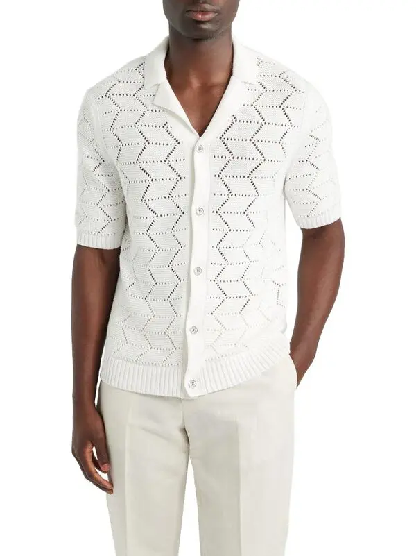REISS Dalkeith Open Knit Camp Shirt - White