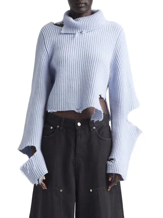 HAIKURE Distressed Merino Wool Ribbed Turtleneck Sweater - Sky