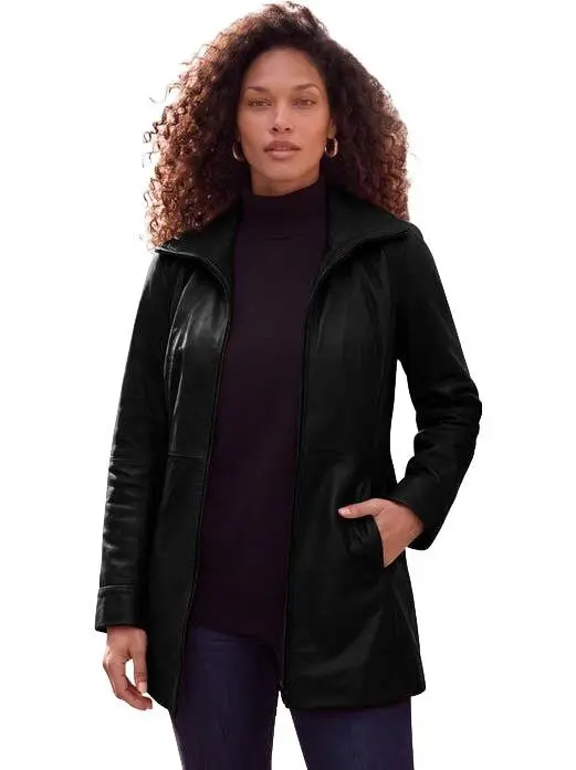 Roaman's A Line Leather Jacket With Wing Collar - Black