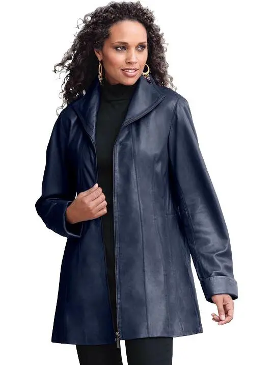 ROAMAN'S A Line Leather Jacket With Wing Collar - Navy