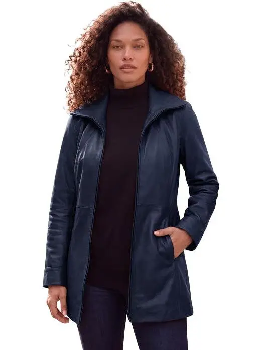 Roaman's A Line Leather Jacket With Wing Collar - Navy