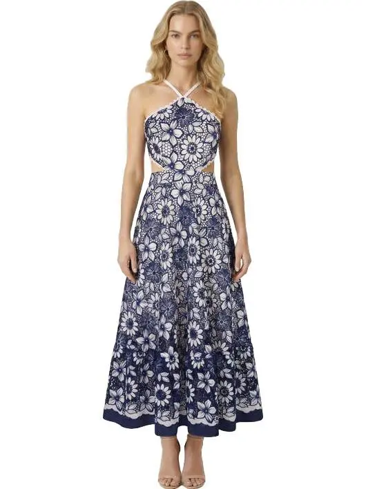 MODENAIRE Halterneck Dress With Vintage Embroidery And Cutout Waist - Blue