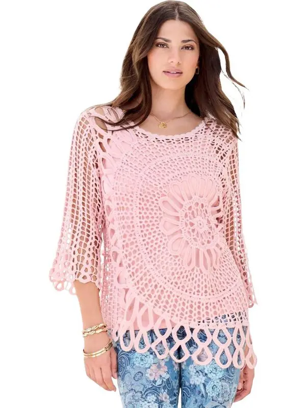 ROAMAN'S Crochet Starburst Pattern Sweater With Bell Sleeves - Soft Blush