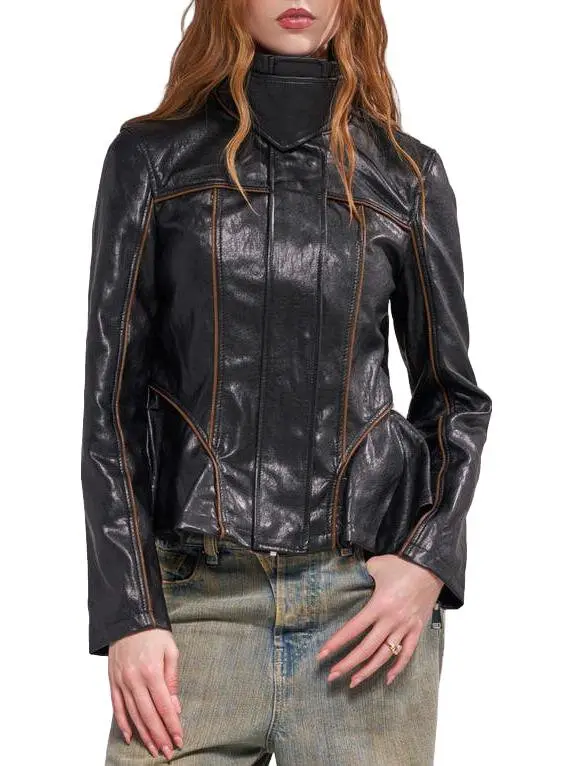 AZALEA WANG Textured Faux Leather Peplum Moto Jacket - Black
