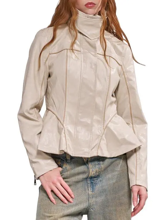 AZALEA WANG Textured Faux Leather Peplum Moto Jacket - Bone