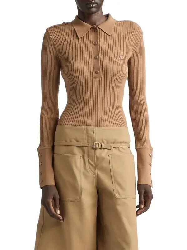 COURREGES Long Sleeve Ribbed Polo Sweater - Bronzer
