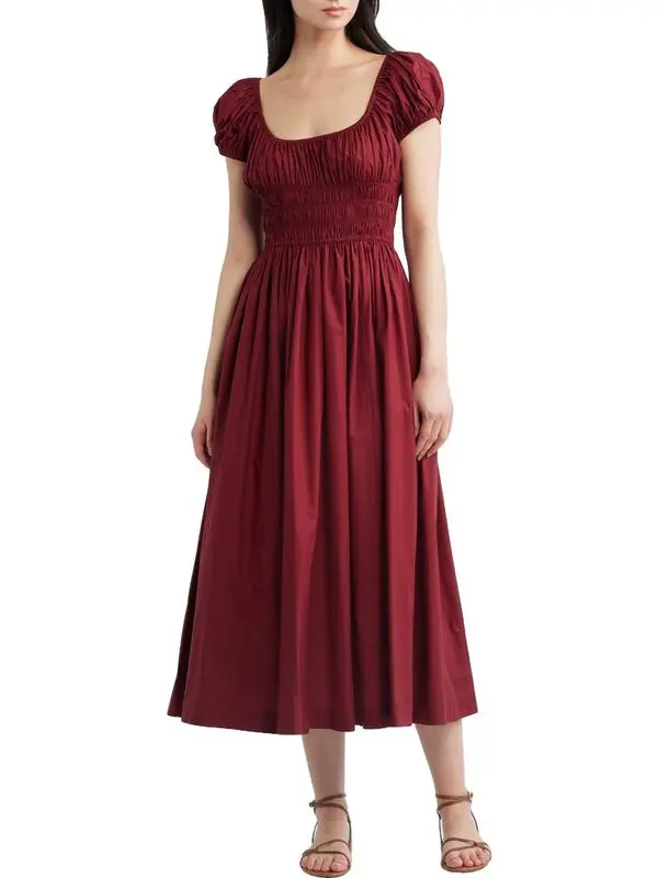 DÔEN Quinley Organic Cotton Shirred Midi Dress - Deep Ruby