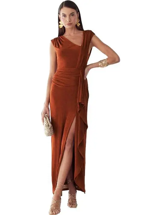 BWLDR Amira Maxi Dress With Asymmetrical Neckline - Spice