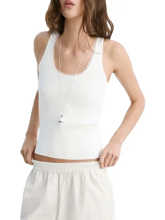 Mango Rib Knit Lace Trim Scoop Neck Tank - Ecru