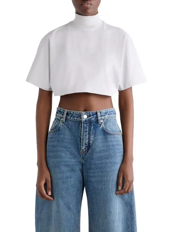 Alaïa Cotton Jersey Mock Neck Cropped Top - Gris Perle