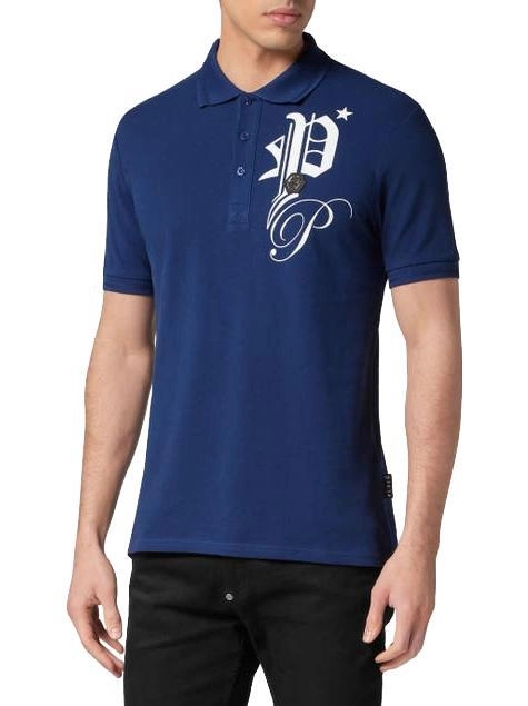 Philipp Plein Polo Shirt Ss Gothic Plein Pp Hexagon - Darkblue