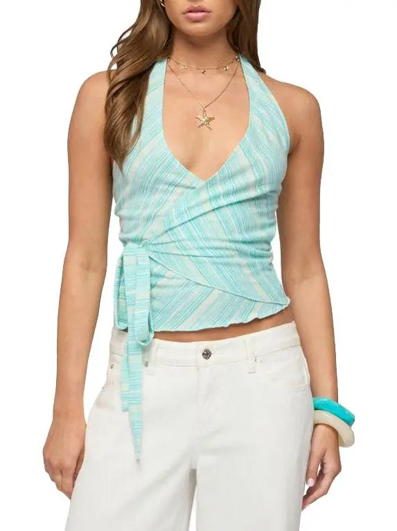 EDIKTED Relle Stripe Faux Wrap Crop Top - Aqua
