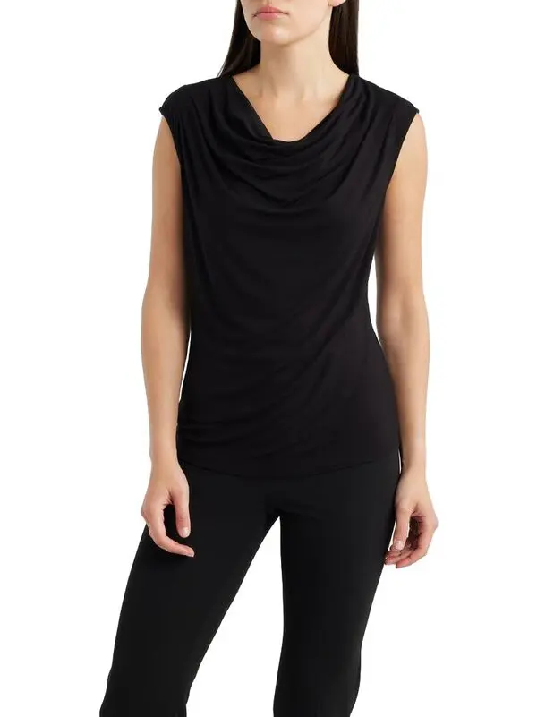 Anne Klein Pleated Cowl Neck Extended Shoulder Top - Anne Black