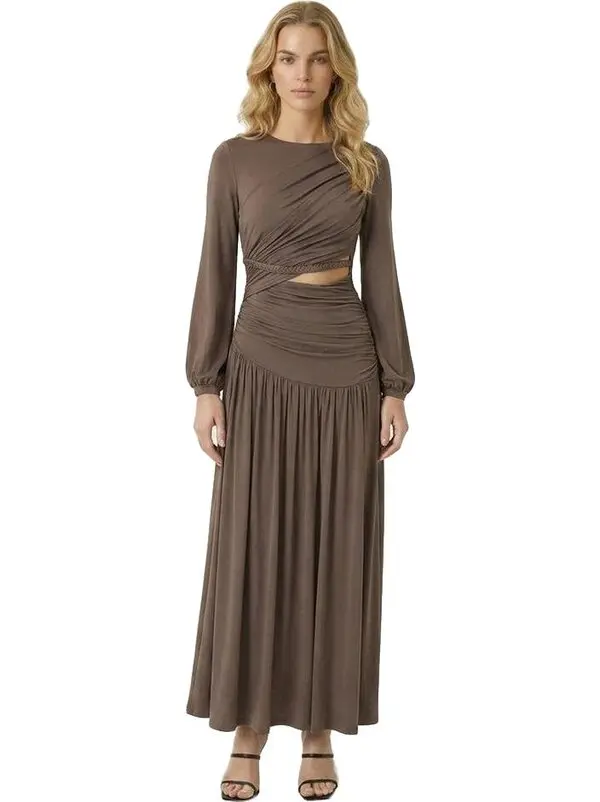 MODENAIRE Long Sleeve Cut Out Maxi Dress - Coffee