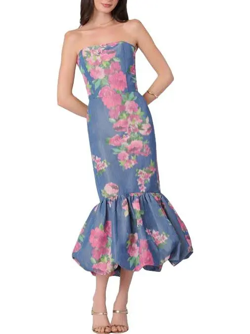 Shoshanna Rose Printed Chine Taffeta Strapless Dress - Navy Multi