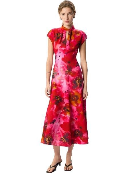 Whistles Painterly Floral Keyhole Neck Midi Dress - Pink/multi